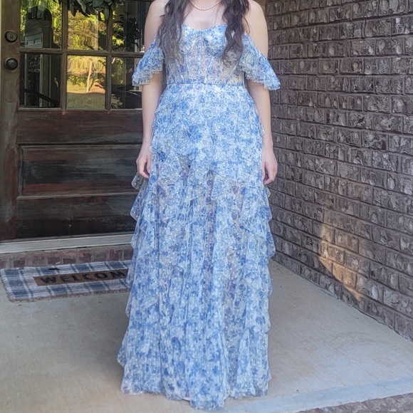 Macy's | Dresses | Macys Blue Floral Offshoulder Gown | Poshmark